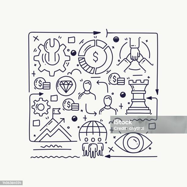 Ilustrasi Doodle Terkait Bisnis Simbol Yang Digambar Tangan Vektor