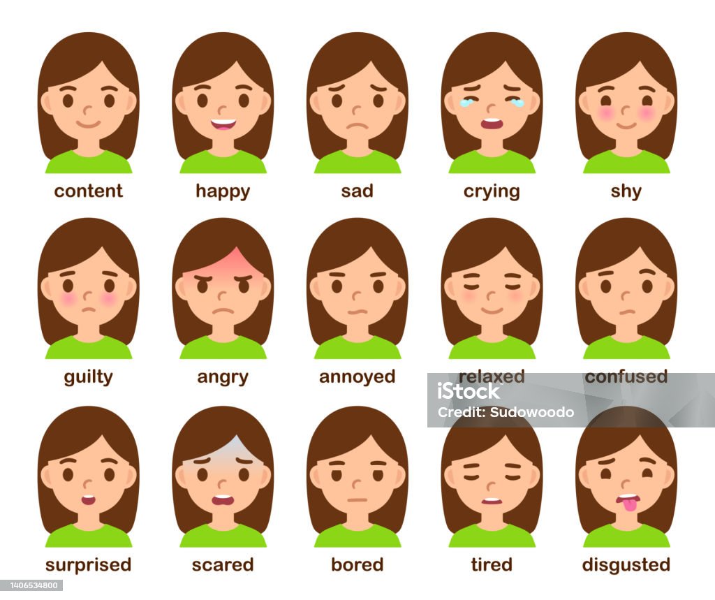 Vetores De Rosto De Garota De Desenho Animado Com Emoções Diferentes E Mais Imagens De