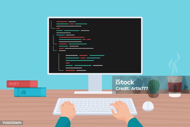 Coding And Programming Compute Pc Desktop Head Monitor View Man Programmer Hands Working On His