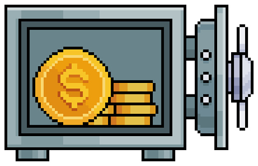 Pixel Art Ouvert Coffrefort Avec Icône Vectorielle De Pièces Pour Le