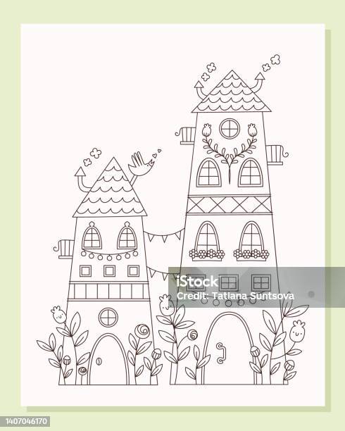 Rumah Peri Yang Digambar Tangan Halaman Buku Mewarnai Ilustrasi Stok