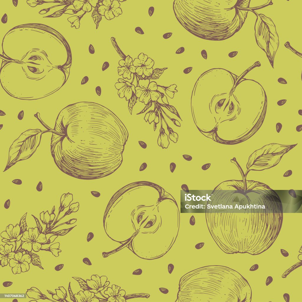 Hand Drawn Apple Harvest Elements Seamless Pattern Apple Leaves Flower