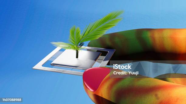Pohon Palem Yang Tumbuh Daun Dari Cpu Komputer Yang Dipegang Oleh ... Pohon Palem Yang Tumbuh Daun Dari Cpu Komputer Yang Dipegang Oleh ...
