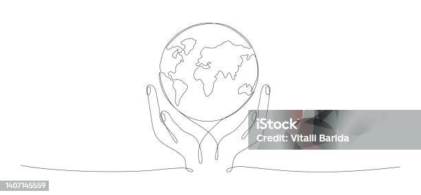 Human Hands Holding Earth Globe Continuous Line Art Drawing Stock