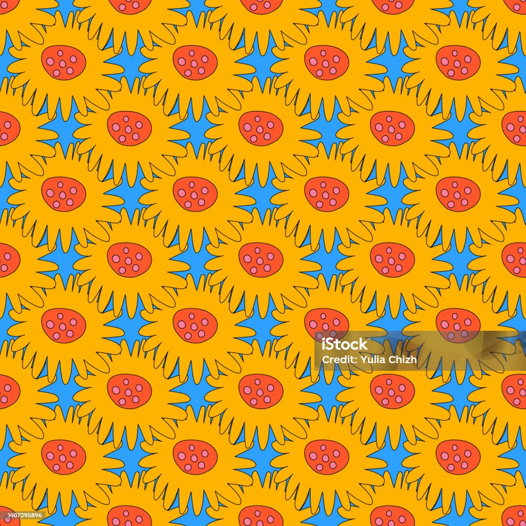 正方形ベクトルシームレスパターン ヒッピースタイル1970良い雰囲気の花ファンキーでグルーヴィーな1970デイジーの花ファンキーな1960年の