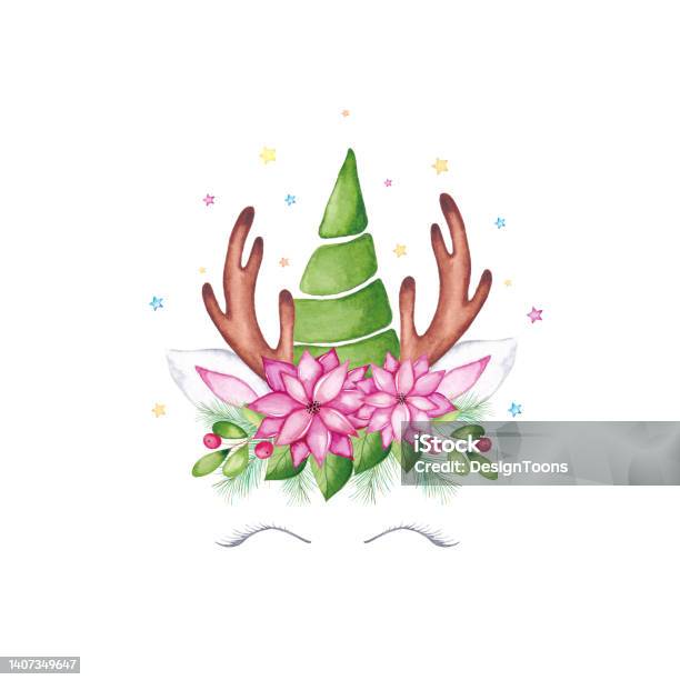 Watercolor Christmas Unicorn Face Watercolor Cartoon Reindeer Unicorn
