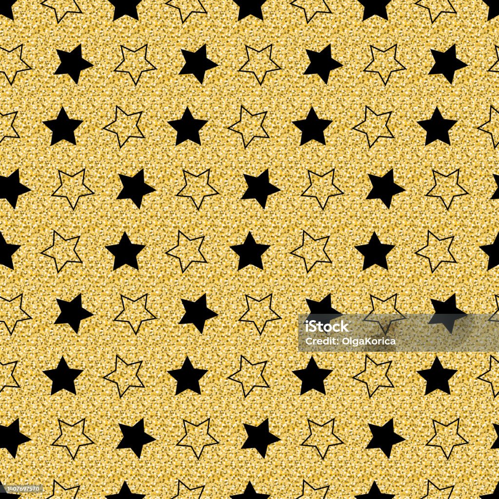 Golden Star On Black Background Seamless Pattern Stock Illustration