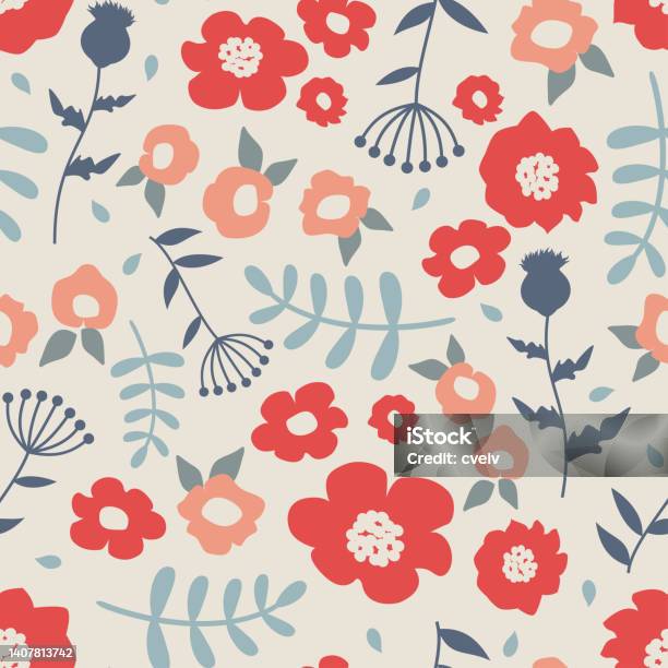 Red And Beige Flowers Seamless Pattern Stock Illustration Download Image Now Art