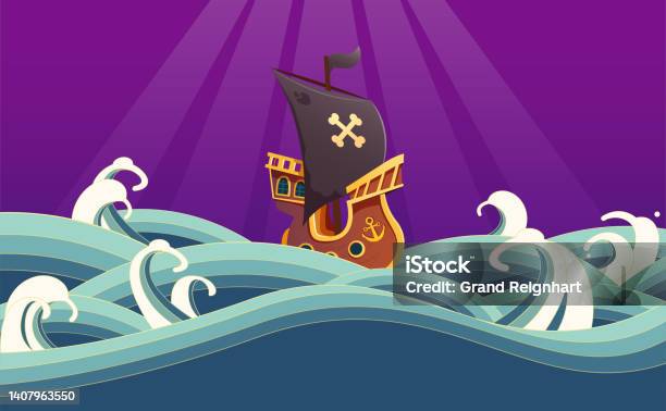 Pirate Ship Sailing On Ocean Waves Cartoon And Vector Illustration ... Pirate Ship Sailing On Ocean Waves Cartoon And Vector Illustration ...