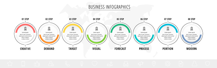 Businessvektorinfografiken Mit 8 Linienkreisen Timelinevisualisierung ... Businessvektorinfografiken Mit 8 Linienkreisen Timelinevisualisierung ...