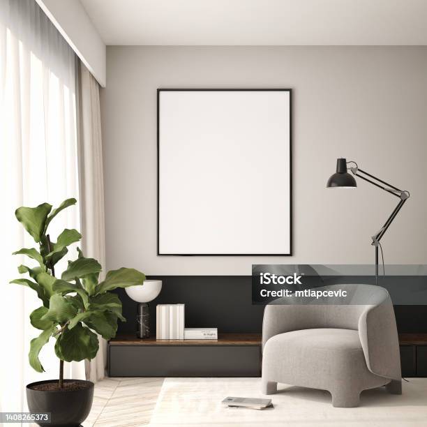 Bingkai Poster Mock Up Dengan Latar Belakang Interior Modern Ruang Tamu