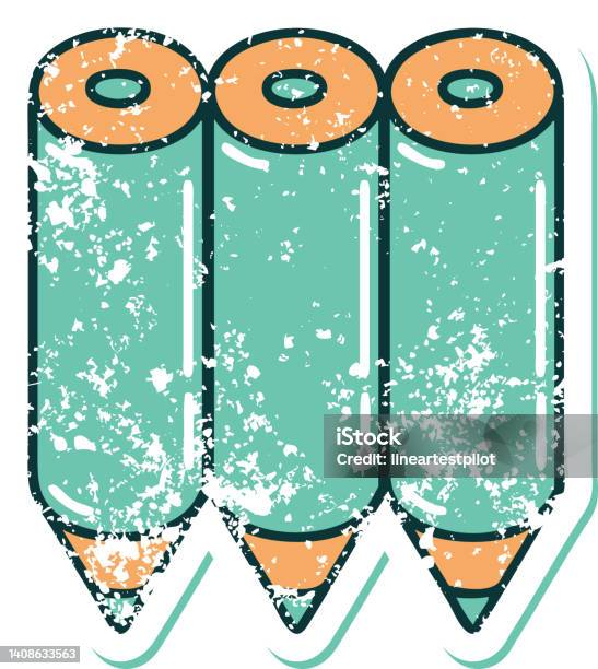 Icône De Tatouage Dautocollant Affligée Dun Crayons À Colorier Vecteurs