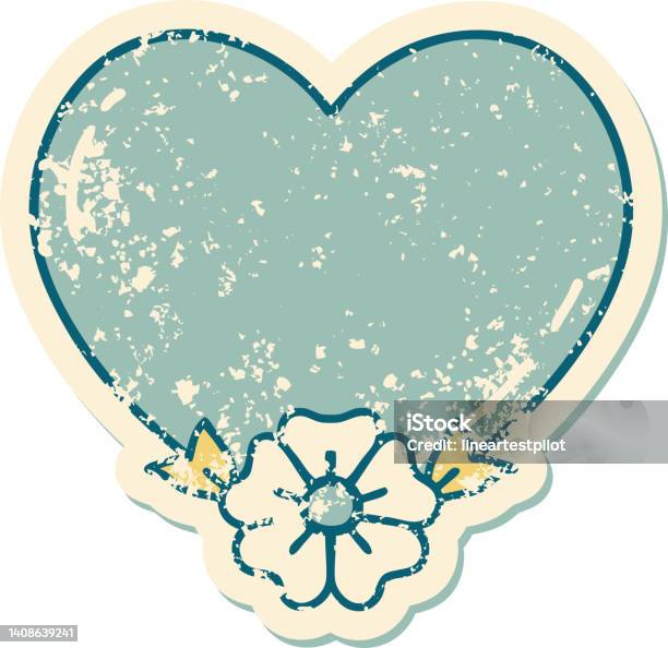 Icône De Tatouage Dautocollant Affligée Dun Coeur Et Dune Fleur