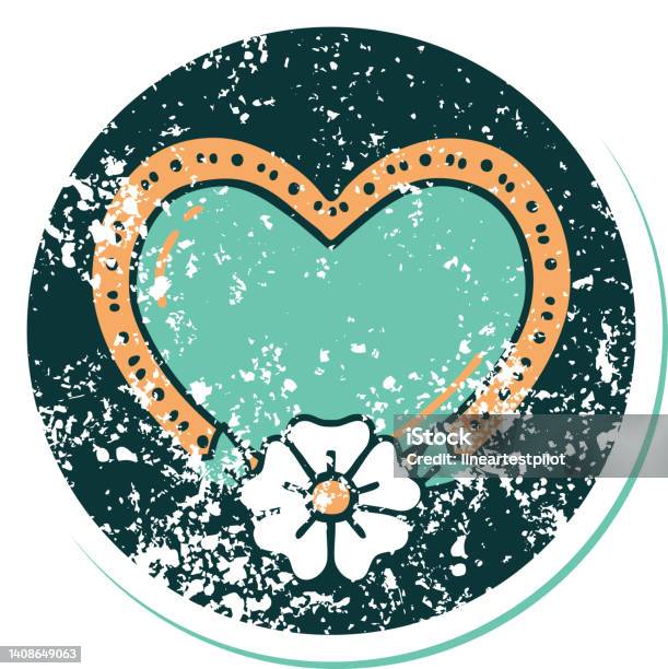Icône De Tatouage Dautocollant Affligée Dun Coeur Et Dune Fleur