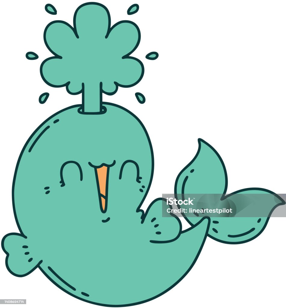 Traditional Tattoo Style Happy Squirting Whale Character Stok Vektör Sanatı And Balina‘nin Daha