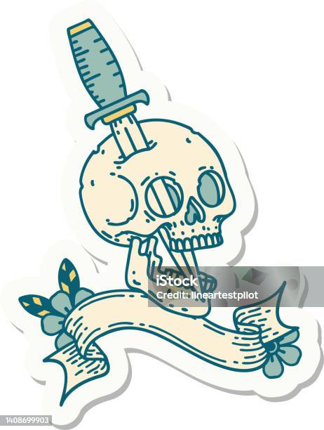 Autocollant De Tatouage Avec Bannière Dun Crâne Et Dun Poignard