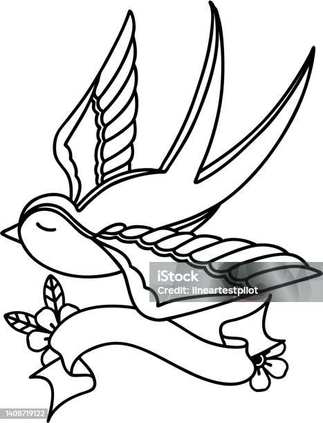 Tatouage Au Trait Noir Avec Bannière Dune Hirondelle Vecteurs Libres De