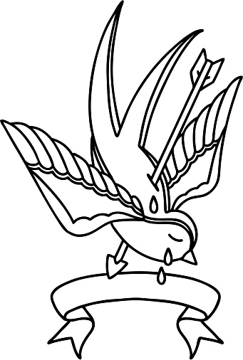 Tatouage Au Trait Noir Avec Bannière Dune Hirondelle Percée Dune Flèche
