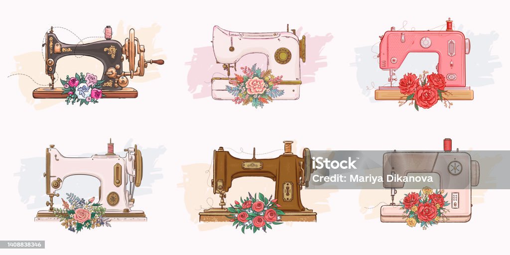 Set Of Hand Drawn Sewing Machines And Flowers Vector Illustration Stock