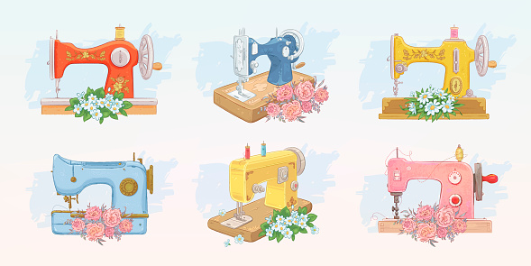 Set Of Hand Drawn Sewing Machines And Flowers Vector Illustration Stock