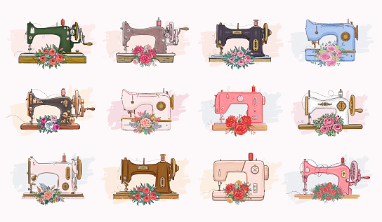 Set Of Hand Drawn Sewing Machines And Flowers Vector Illustration Stock