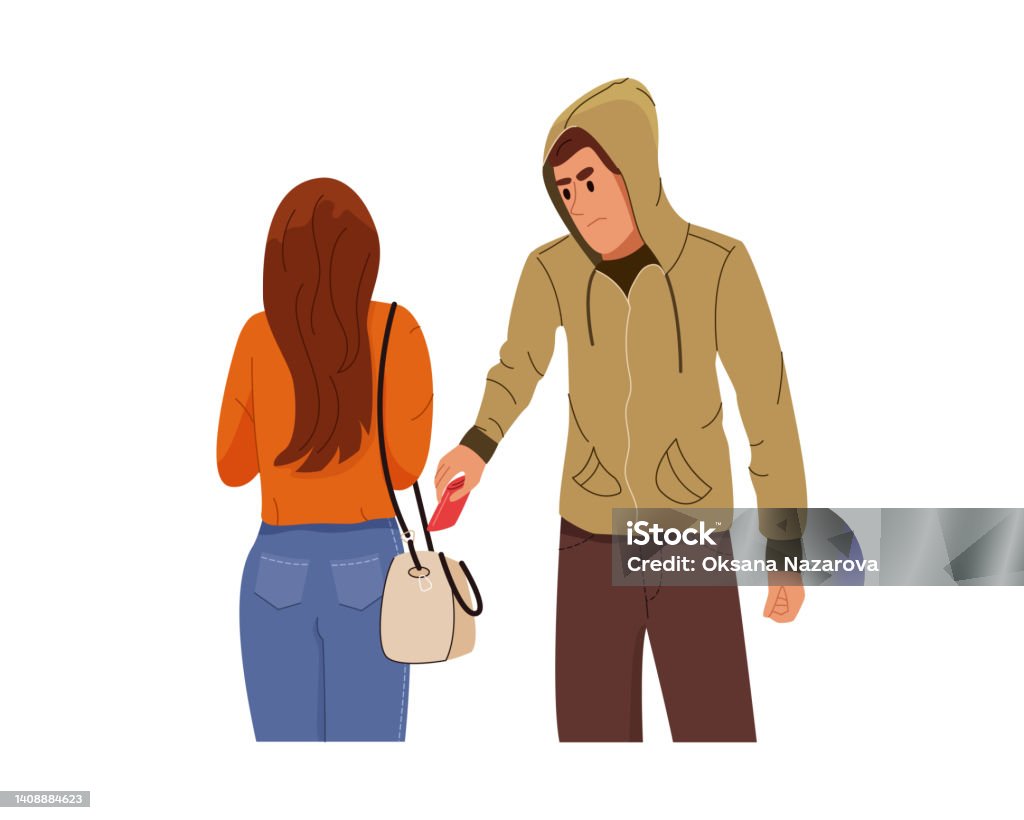 Thief Man Stealing Wallet From Bag Of Young Woman Stock Illustration