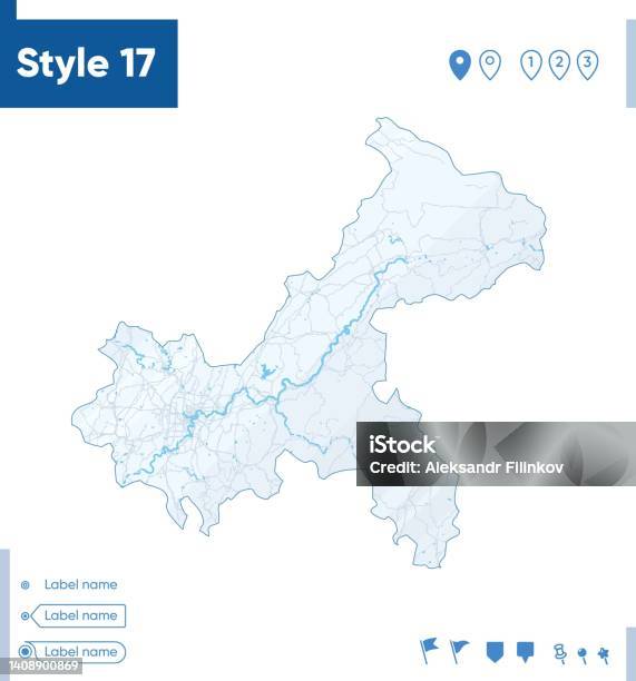 Chongqing Chine Carte Isolée Sur Fond Blanc Avec De Leau Et Des Routes