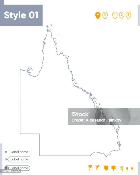 Queensland Australie Carte Des Traits Isolée Sur Fond Blanc Plan De La