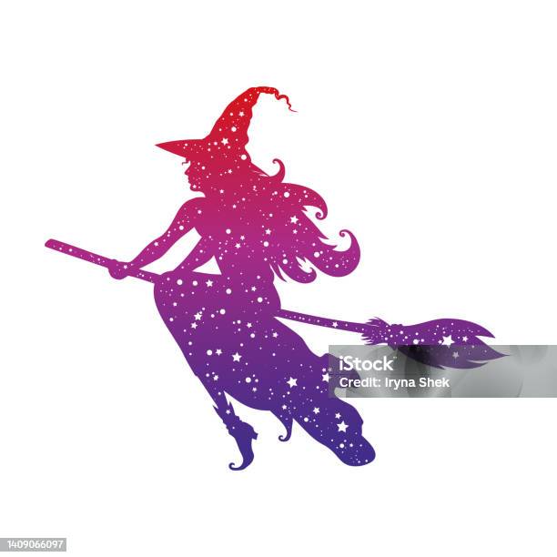 Penyihir Penyihir Muda Cantik Terbang Di Atas Sapu Ajaib Ilustrasi Stok