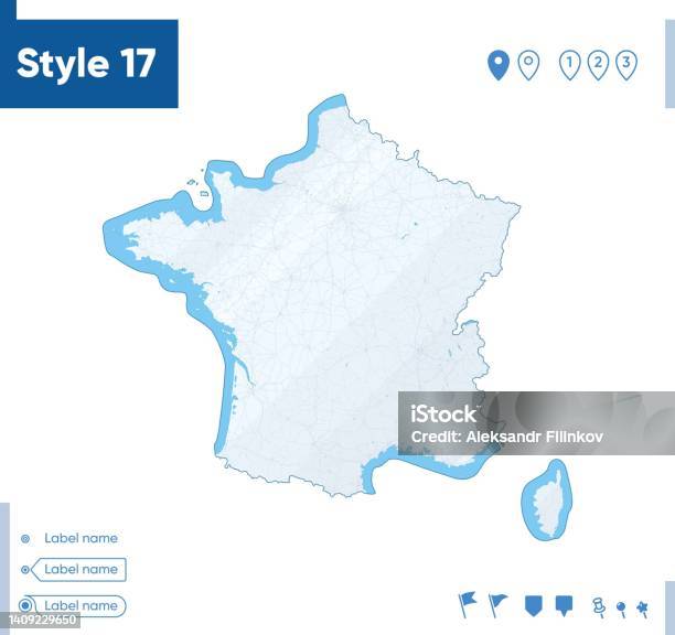 France Carte Isolée Sur Fond Blanc Avec De Leau Et Des Routes Carte
