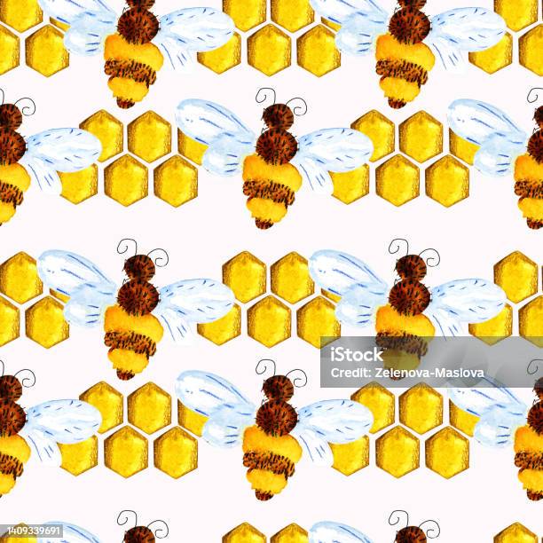 Ilustración De Patrón De Acuarela Sin Costuras De Panal De Miel Y Abeja