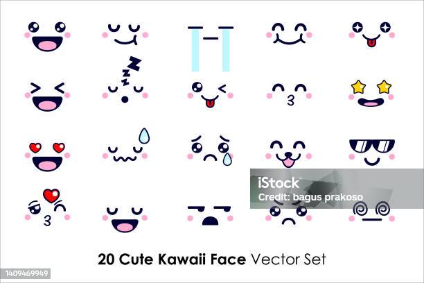 Kartun Lucu Ekspresi Wajah Kawaii Dengan Set Vektor Gaya Chibi