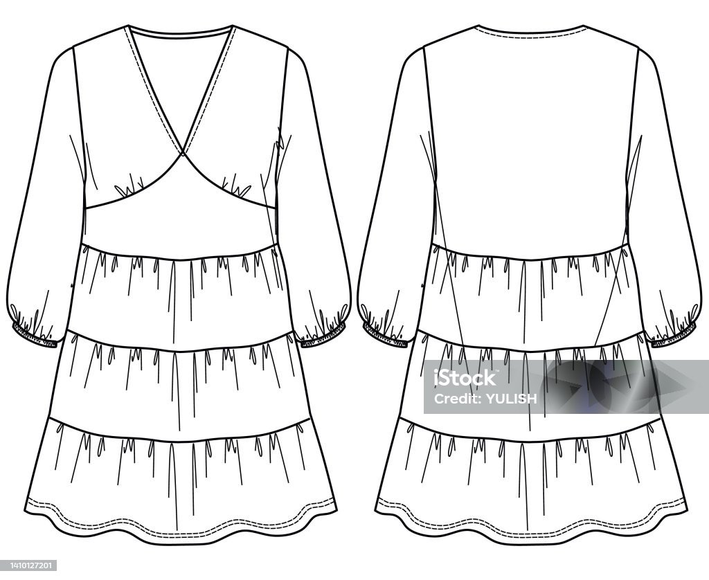 Voluminous Fashion Dress Vector Sketch Trendy Dress With Frills Dress