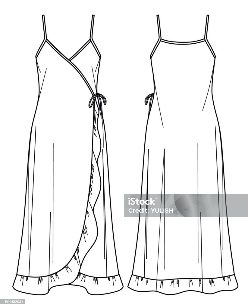 Vektor Scrappy Long Dress Fashion Cad Wanita Maxi Dibungkus Gaun Gambar
