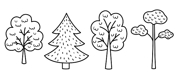 Ensemble Darbres Vectoriels Noirs Et Blancs Coloriage Woodland Pour Les