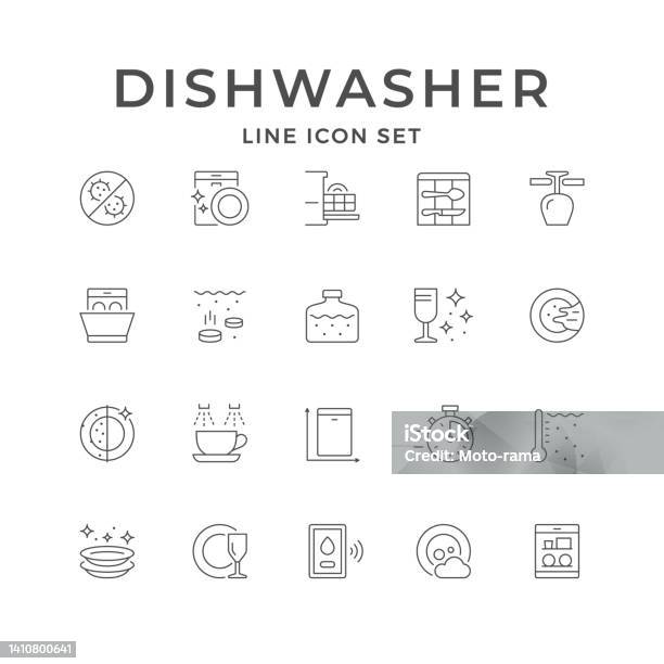 Mengatur Ikon Garis Mesin Pencuci Piring Ilustrasi Stok Unduh Gambar