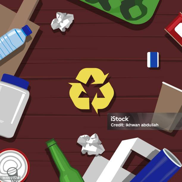 Paper Plastic Glass Can Box House Recycling Stuff Illustration Stok