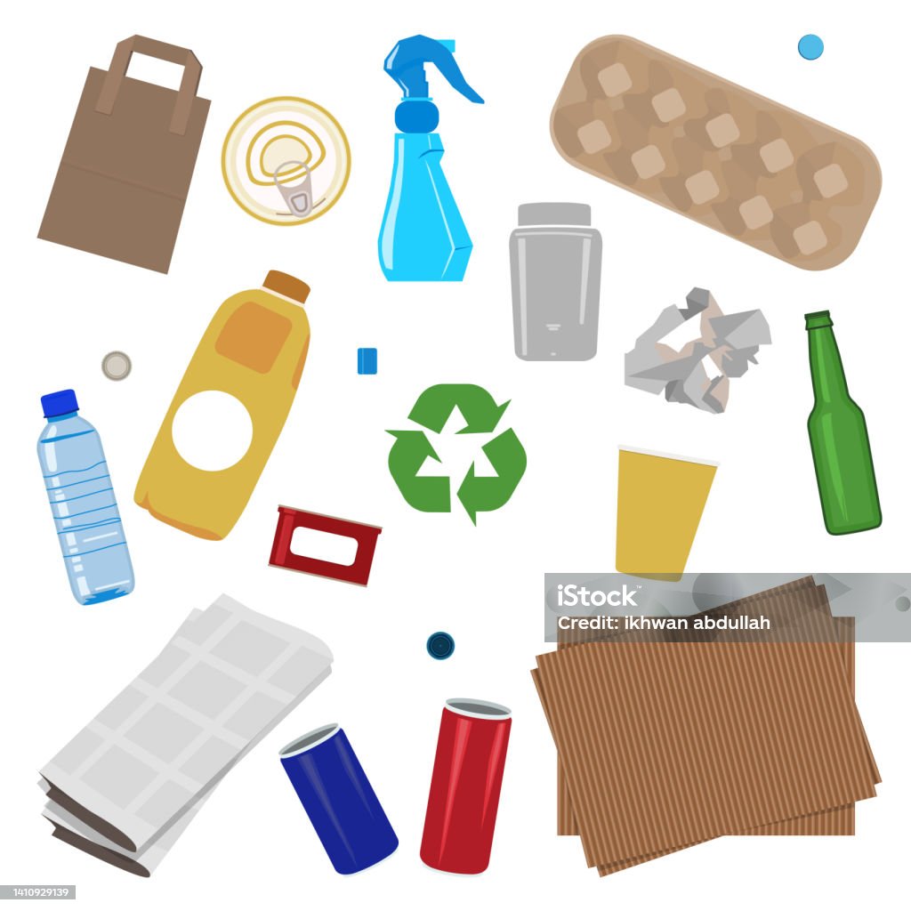 Paper Plastic Glass Can Box House Recycling Stuff Set Stok Vektör