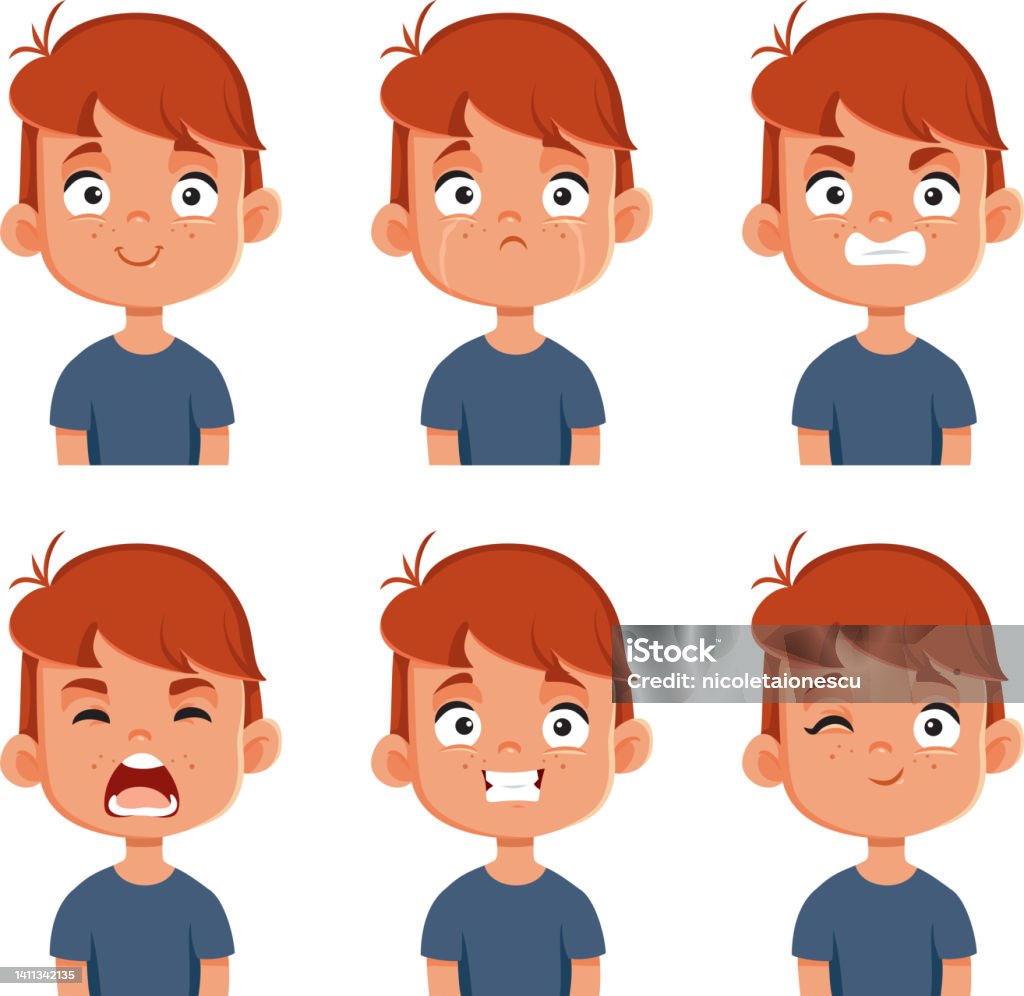 Ilustración De Niño Expresando Diferentes Emociones Faciales Vector