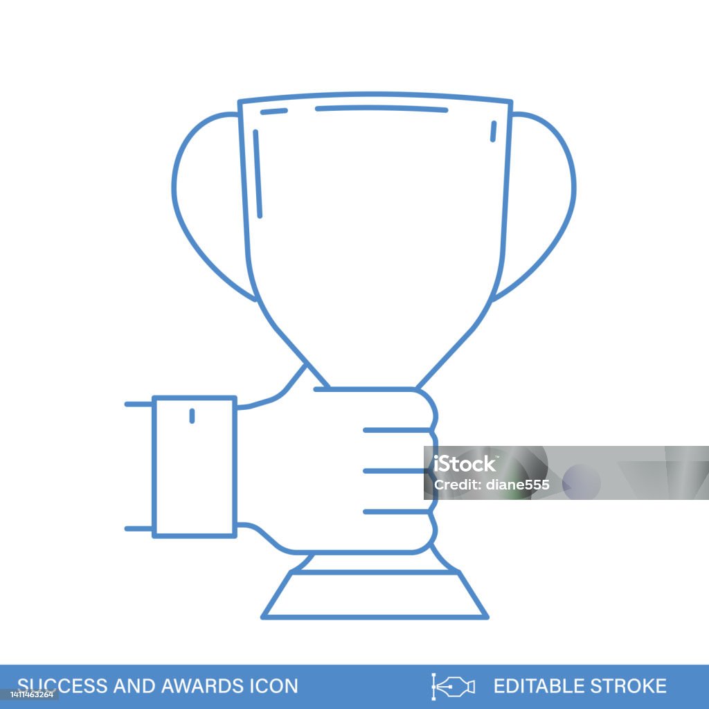 Success Award Thin Line Icon Hand Holding Trophy Cup Stock Illustration