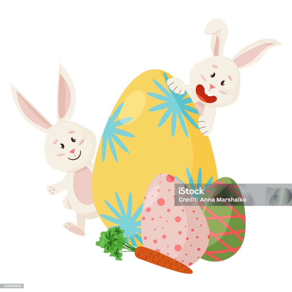 Bunnies Character Looks Out From Eggs Funny Happy Easter Rabbits Stock