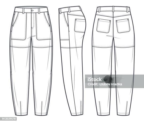 Lether Slouchy Pants Fashion Flat Technical Drawing Template Jeans