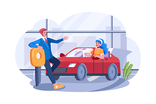 Une Cliente Fait Lessai Dune Nouvelle Voiture Vecteurs Libres De Droits