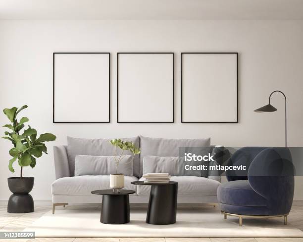 Bingkai Poster Mock Up Dengan Latar Belakang Interior Modern Ruang Tamu