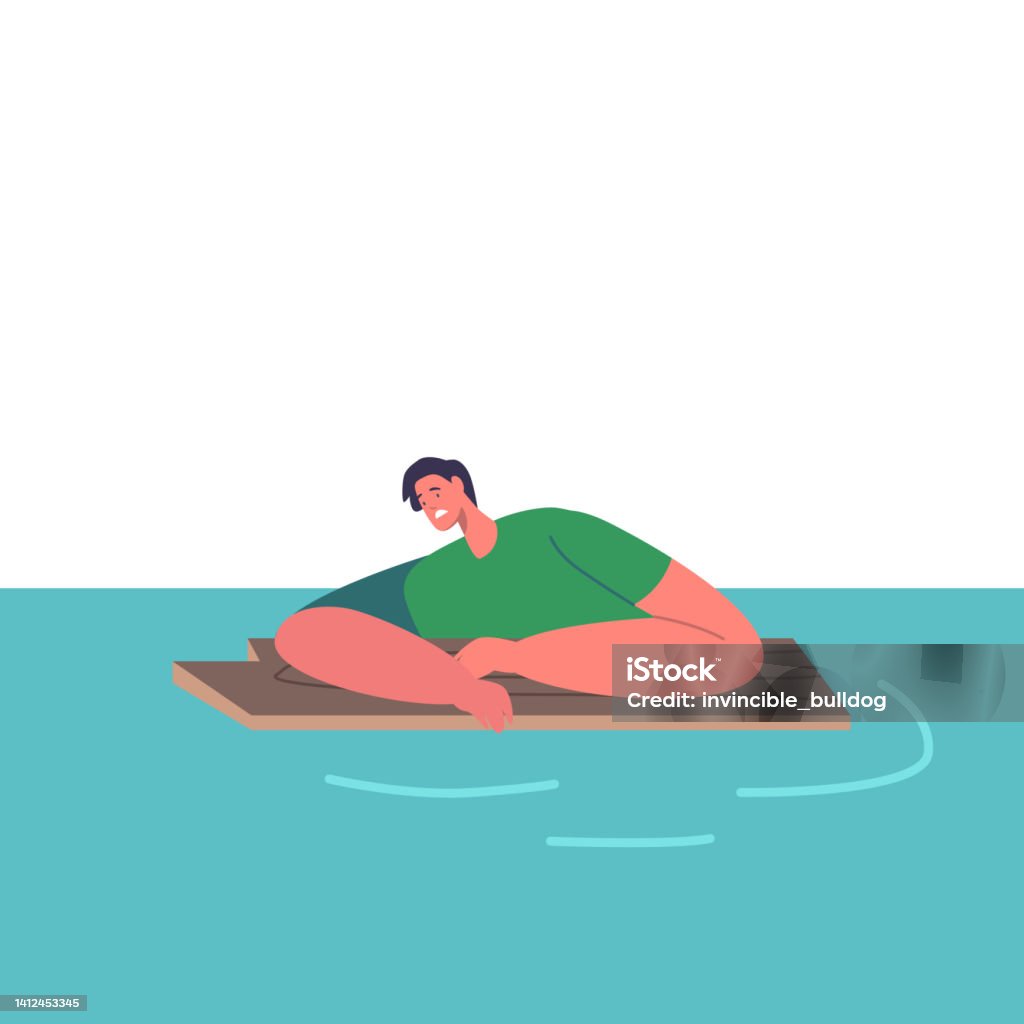Exhausted Male Character Swimming In Sea After Shipwreck Man Trying To