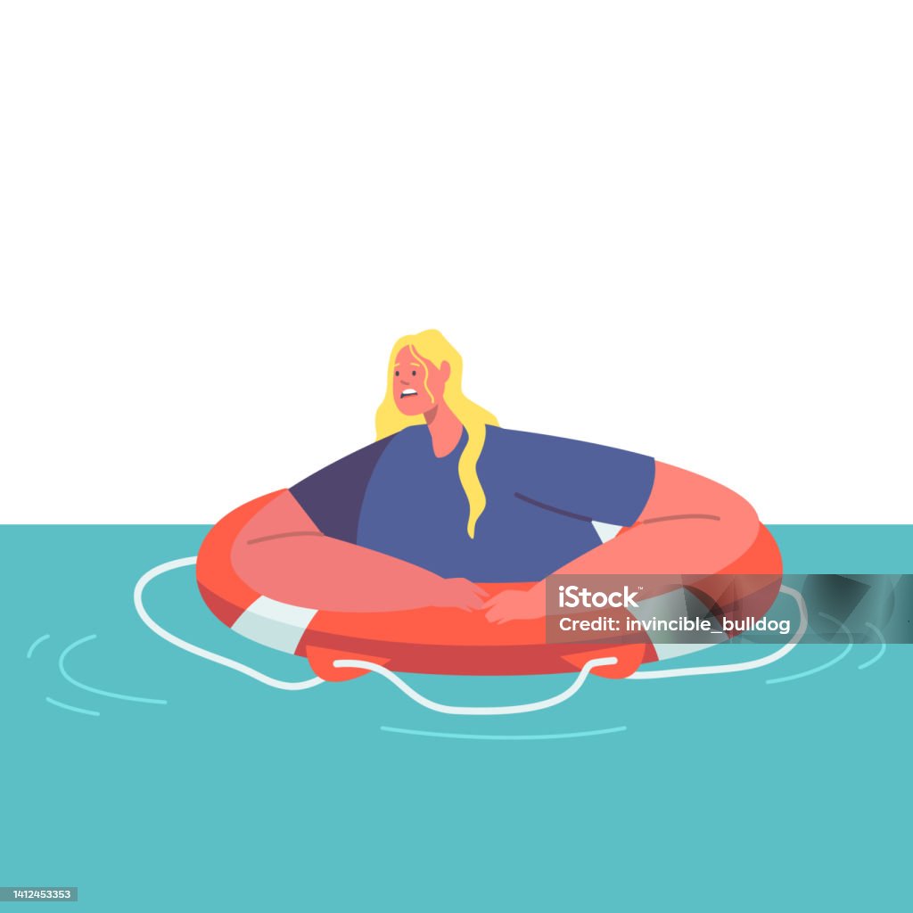 Shocked Exhausted Woman Swim On Lifebuoy Trying To Survive In Ocean