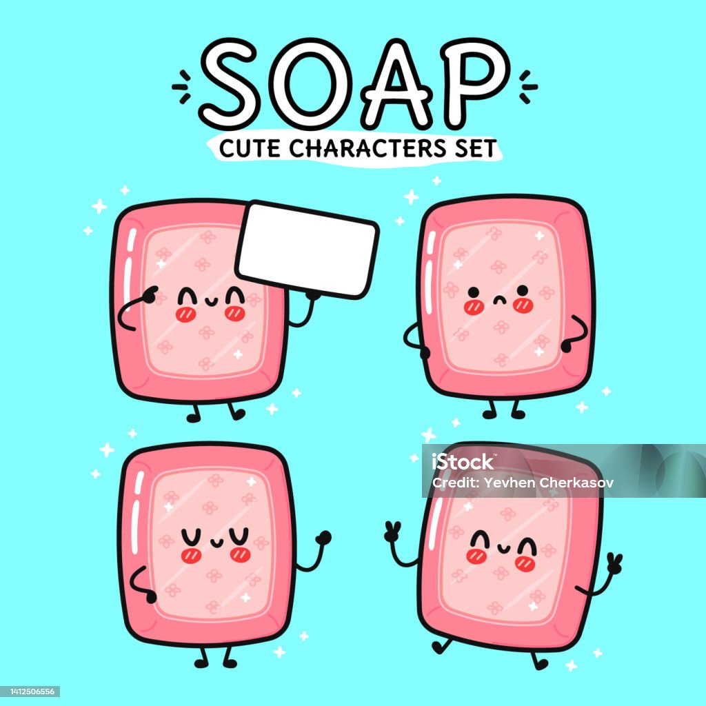 Funny Cute Happy Soap Characters Bundle Set Vector Hand Drawn Doodle