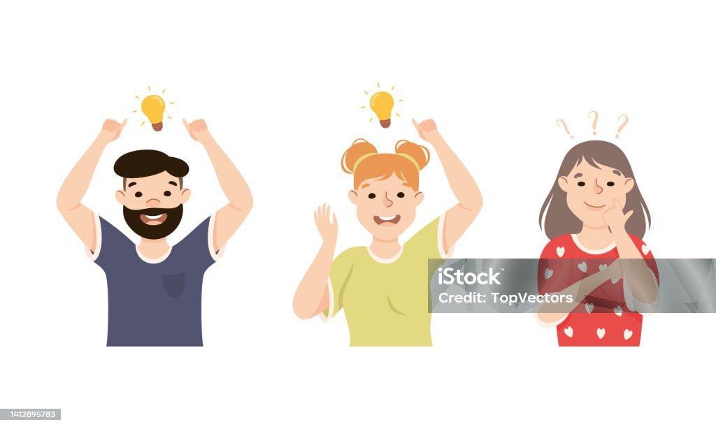 Man And Woman Thinking And Figuring Something Out Searching For Idea Vector Set Stock