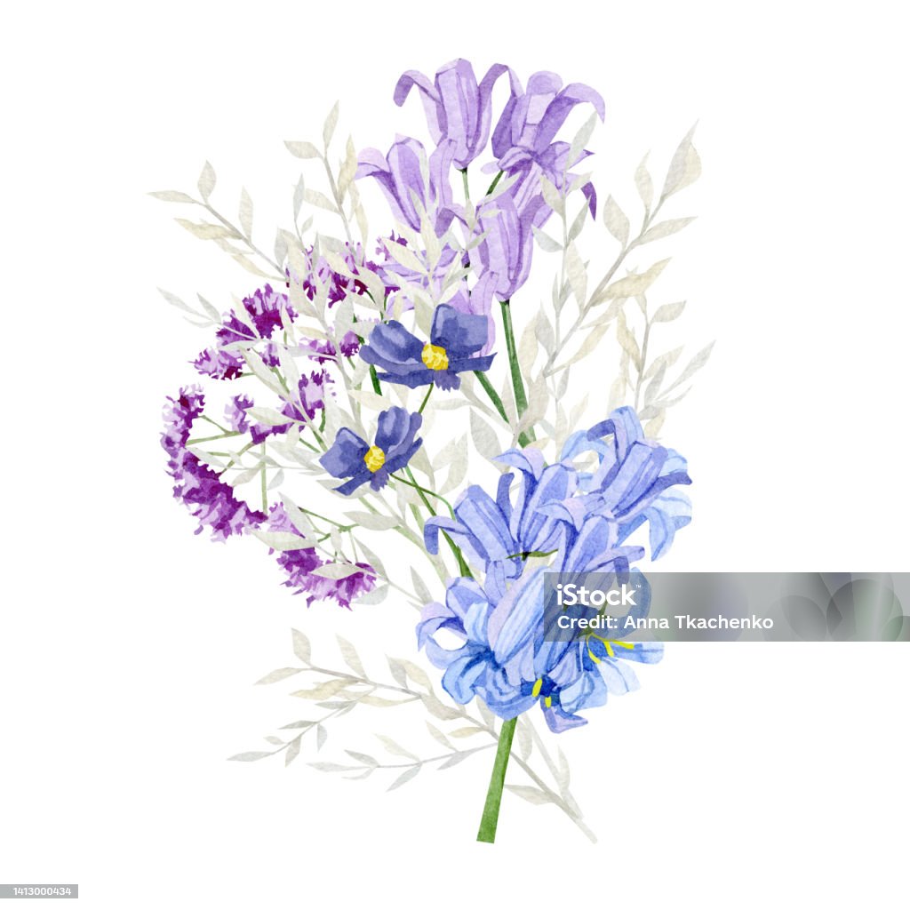 Violet Floral Bouquet Watercolor Illustration Wedding Card With Hand