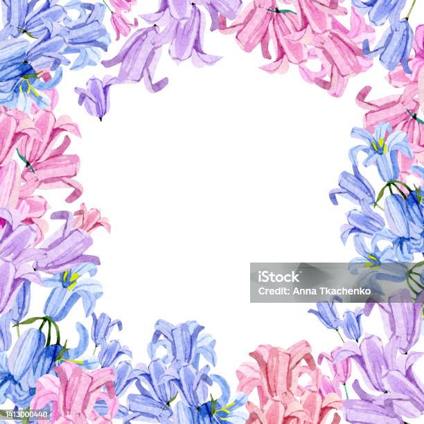 Blue Pink Violet Wildflower Border Watercolor Illustration Hand Drawn